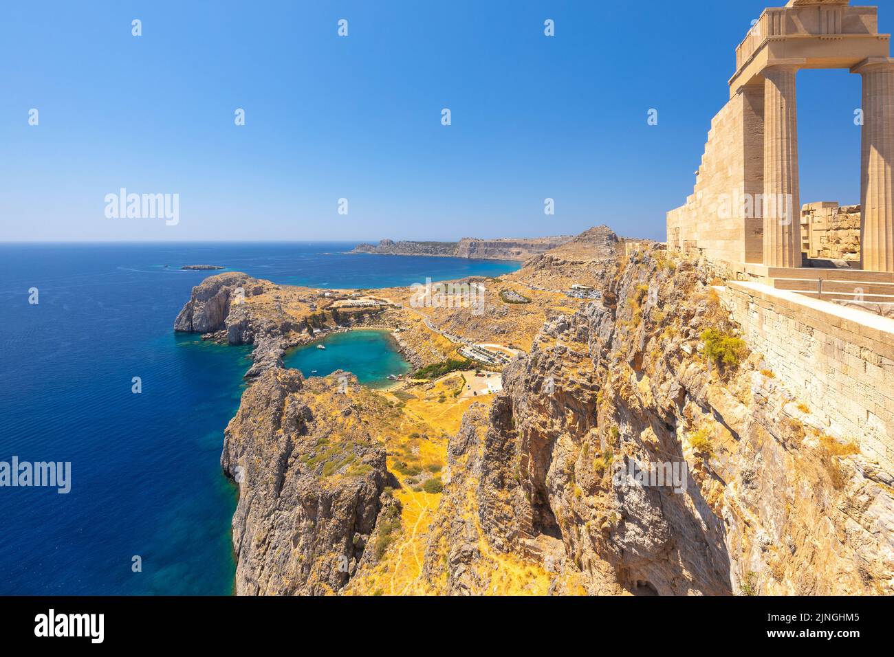 View from the Acropolis of Lindos to the coast of Rhodes island, Greece ...