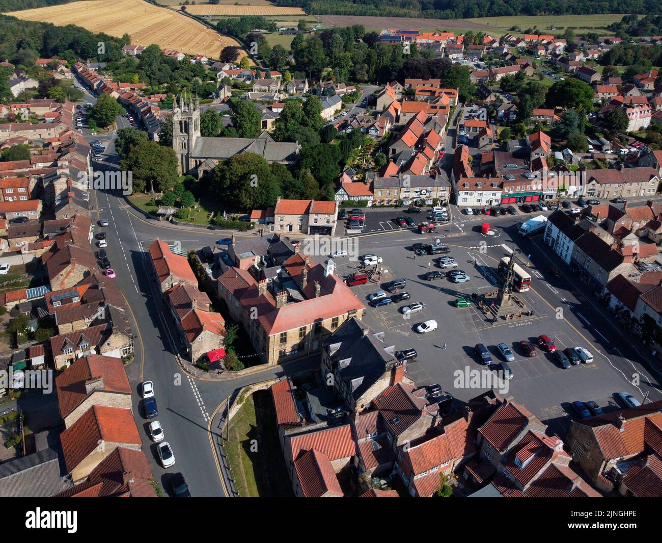 Aerial view of the main square in the village of Helmsley in the ...