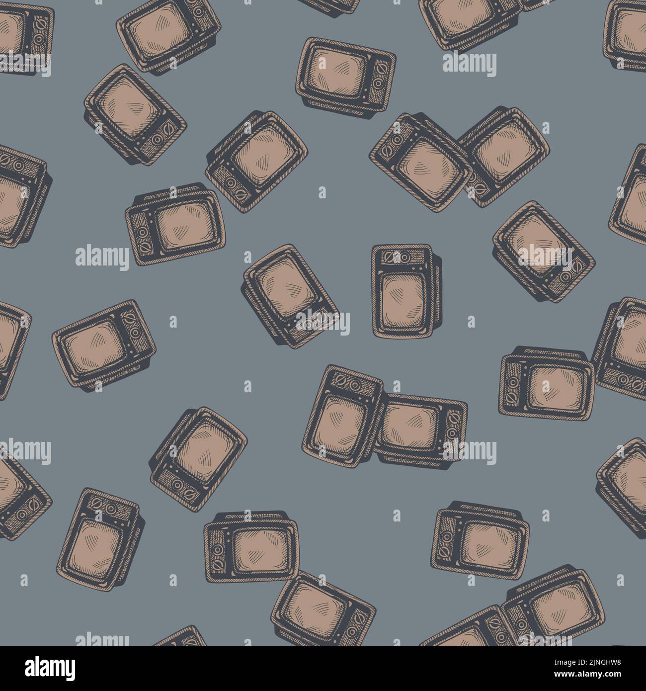Retro TV engraved seamless pattern. Vintage television media equipment ...