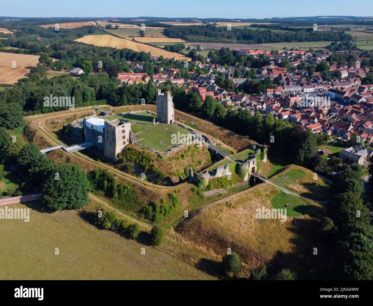 Aerial view of Helmsley Castle in the village of Helmsley in the ...