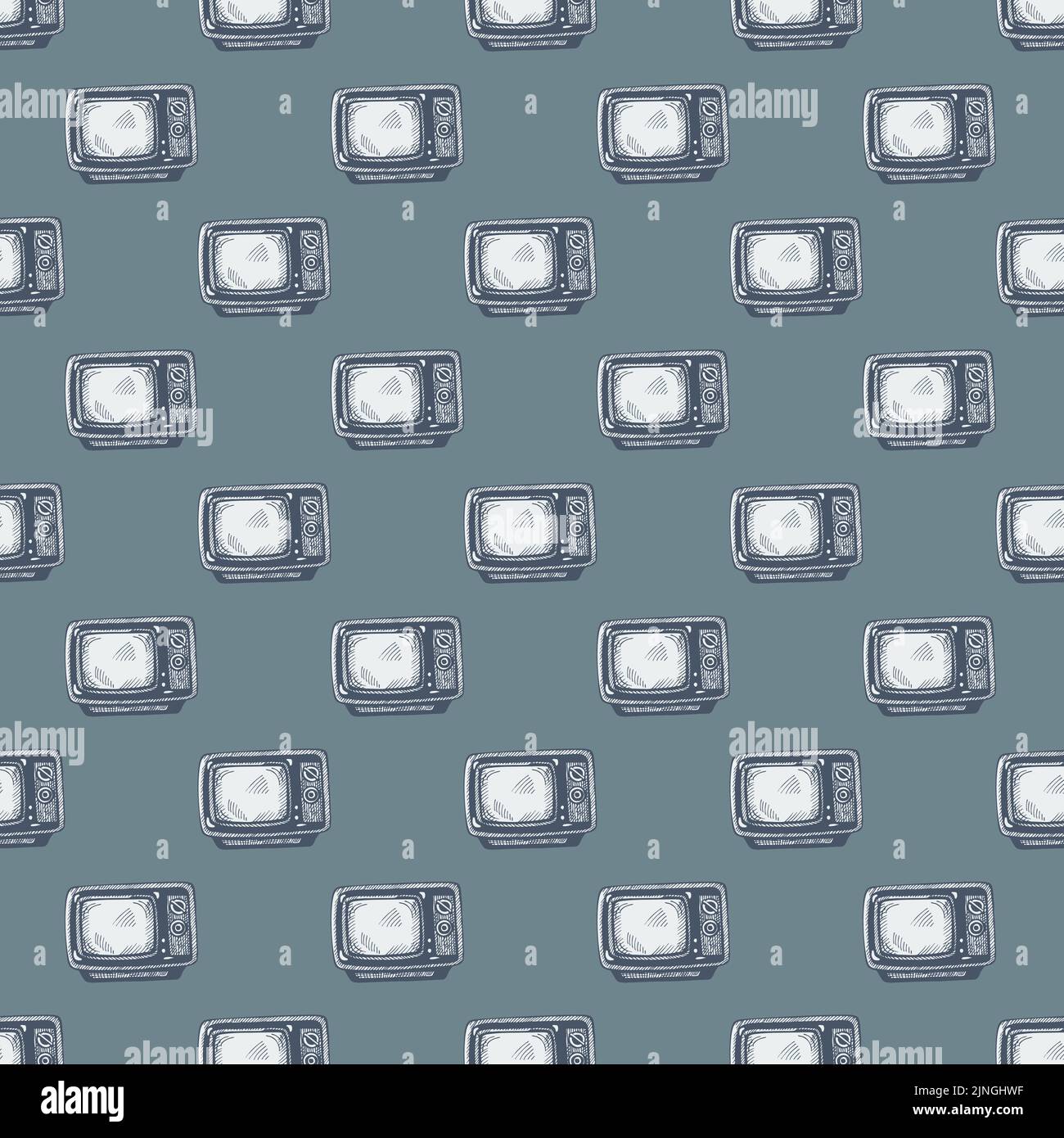 Retro TV engraved seamless pattern. Vintage television media equipment ...