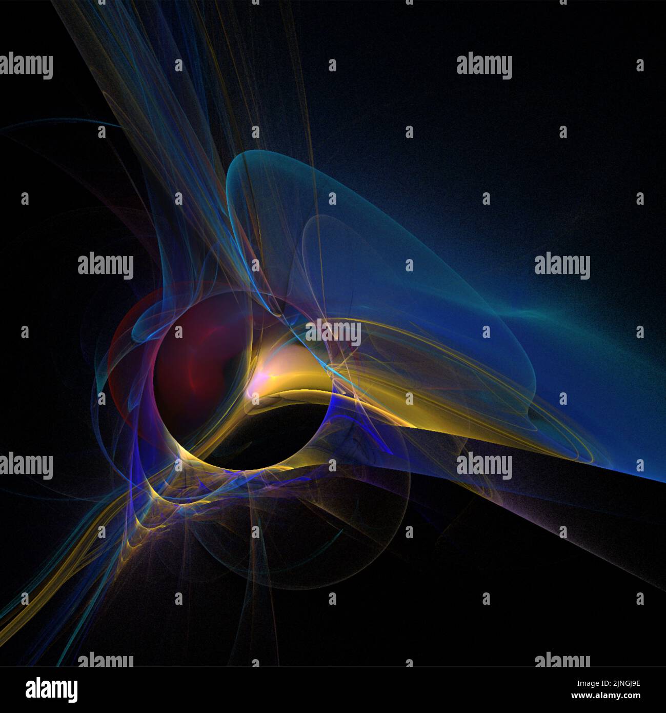 graphic yellow and blue space illustration on black background, star ...