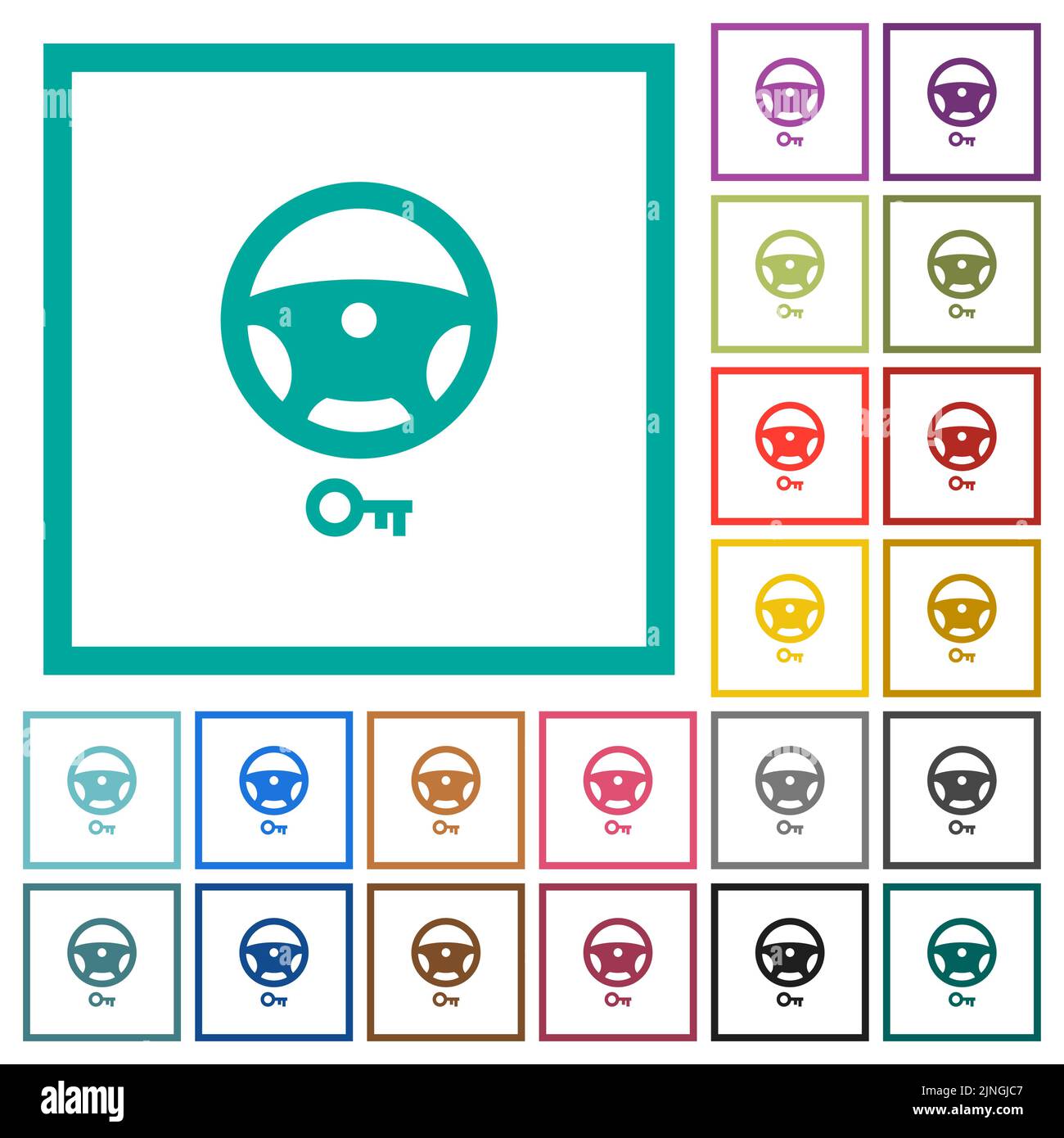 Steering lock flat color icons with quadrant frames on white background ...