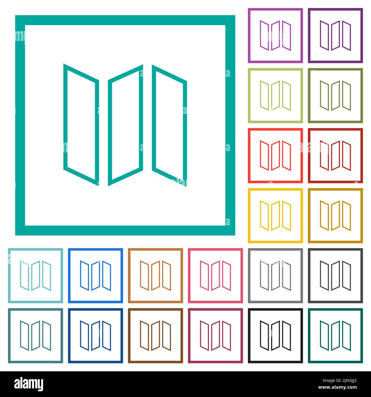 Collapsible map outline flat color icons with quadrant frames on white ...