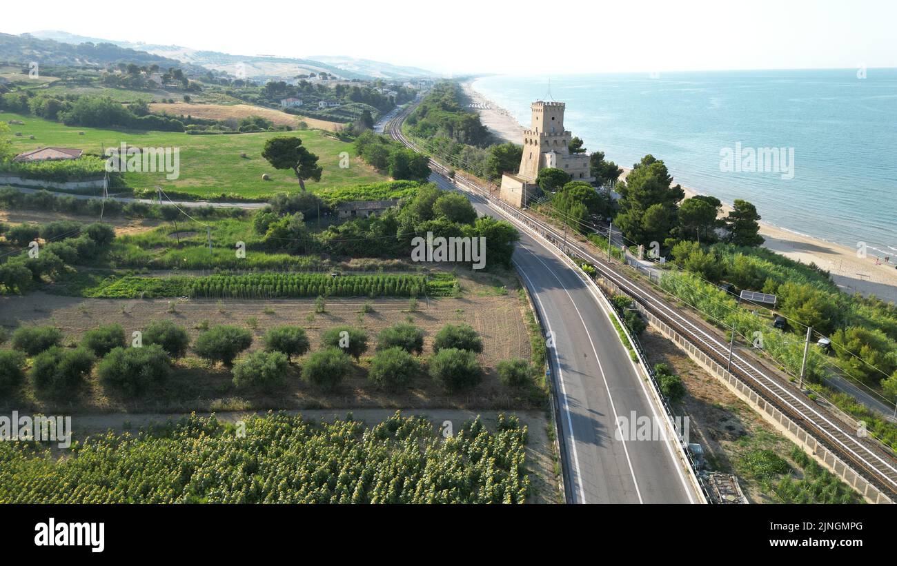 An aerial view of the Tower of Cerrano with Pineto beach in the ...