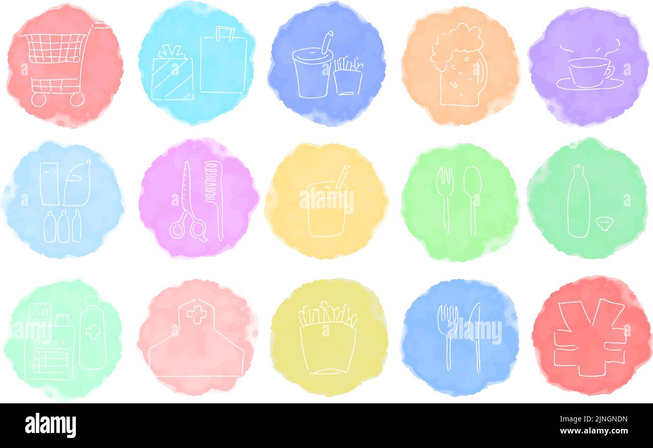 Rough handwritten watercolor style icon set: shopping and eating vector ...