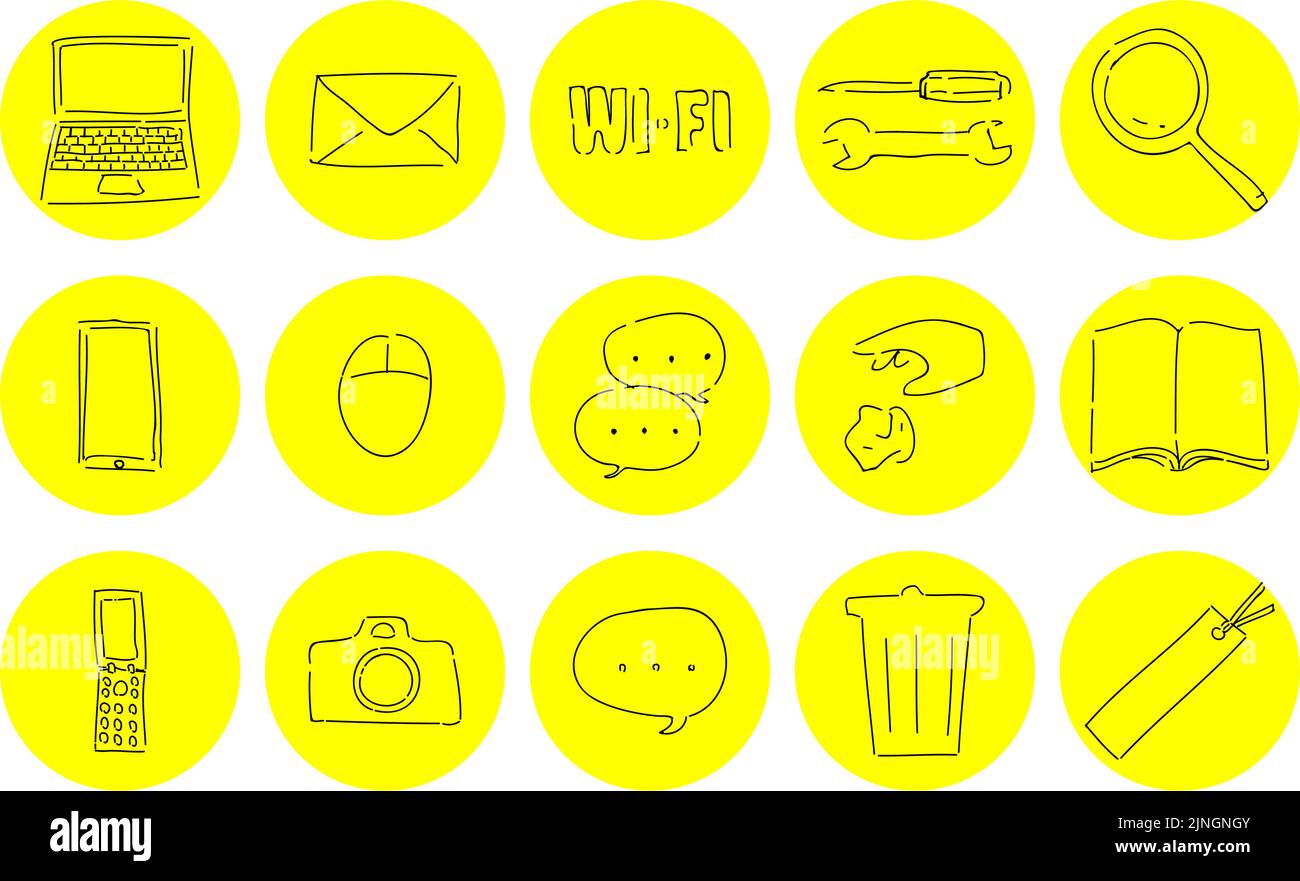 Rough handwritten icon set: vector illustration of computer and speech ...