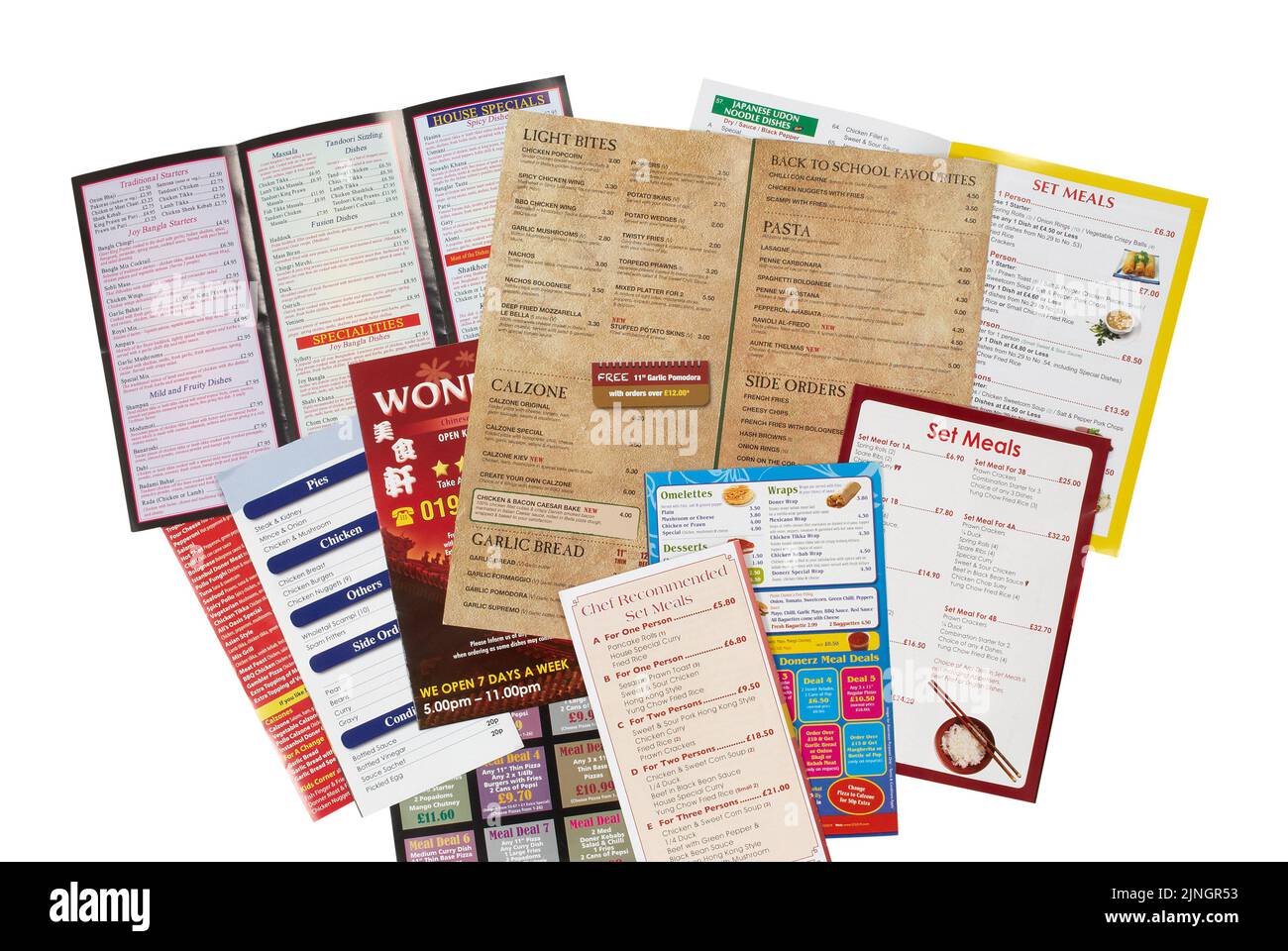 A display of takeaway menus, isolated on white background with path ...