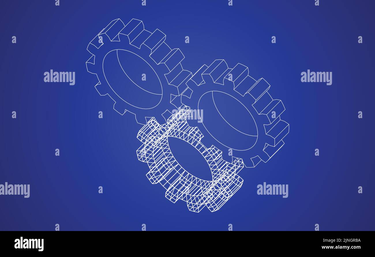 Vector illustration of gears line art on blue background representing a ...