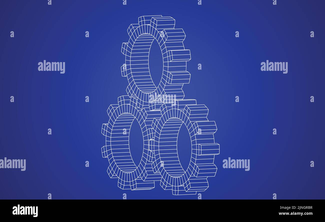 Vector illustration of gears line art on blue background representing a ...
