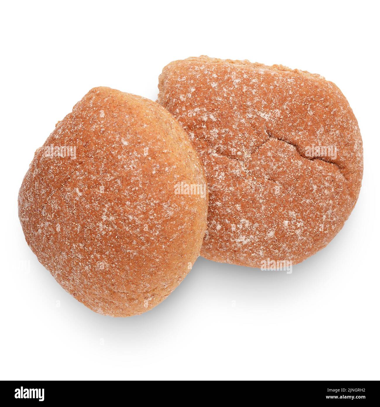 Two wholewheat breadcake baps isolated on white background from above ...