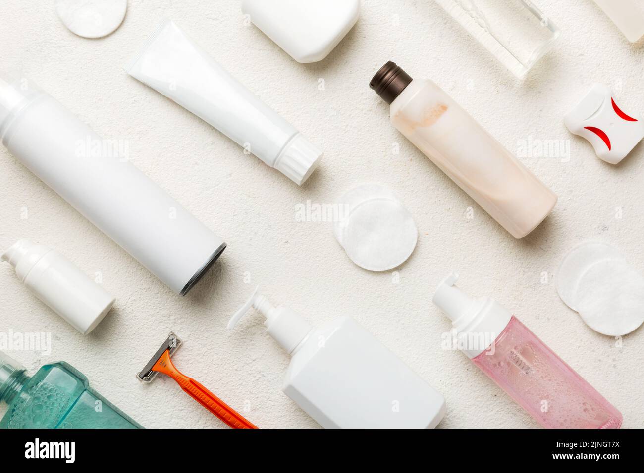 Mockup for bathing products top view flat lay, spa razor, toothpaste ...