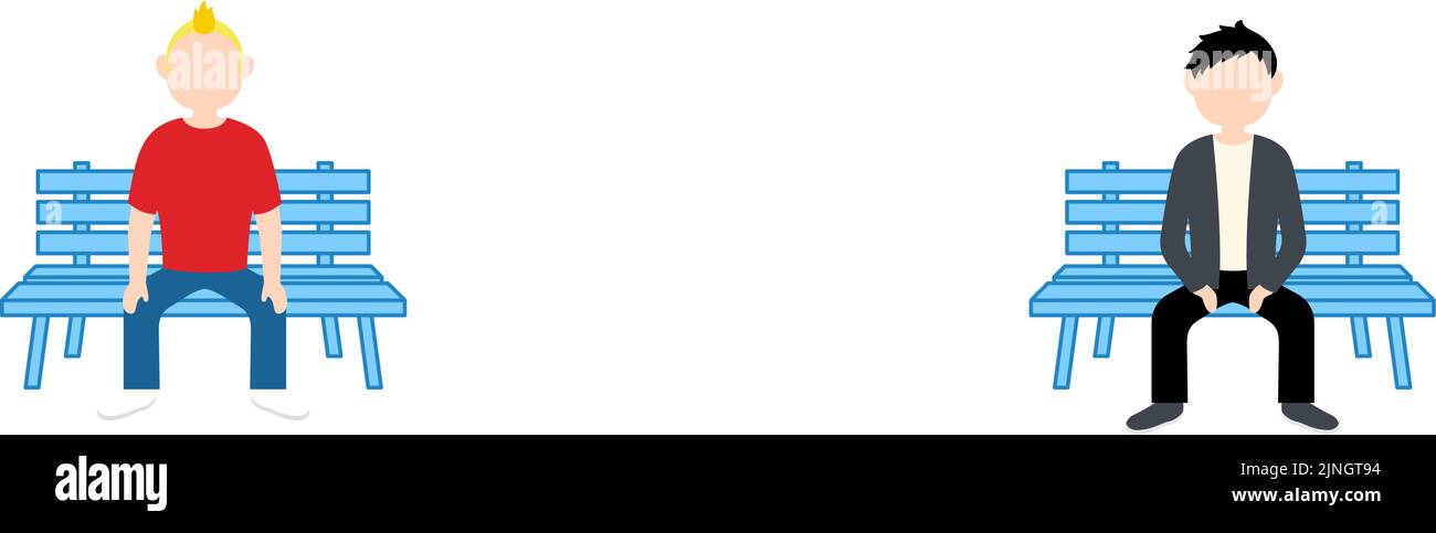 Illustration of two men sitting separately on a side by side bench ...