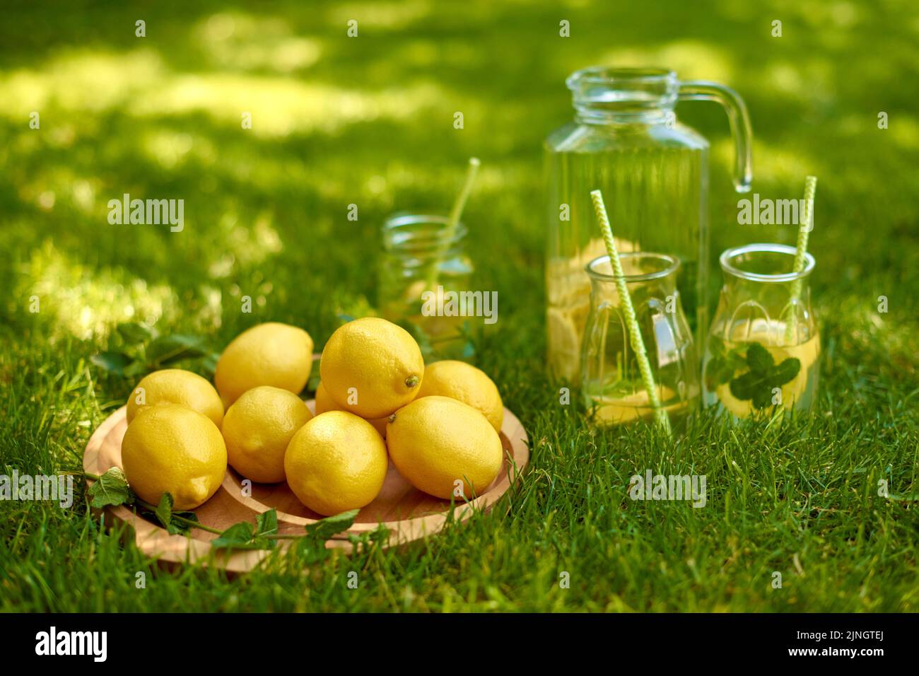 summer picnic on green grass - glass transparent jug of cool refreshing ...