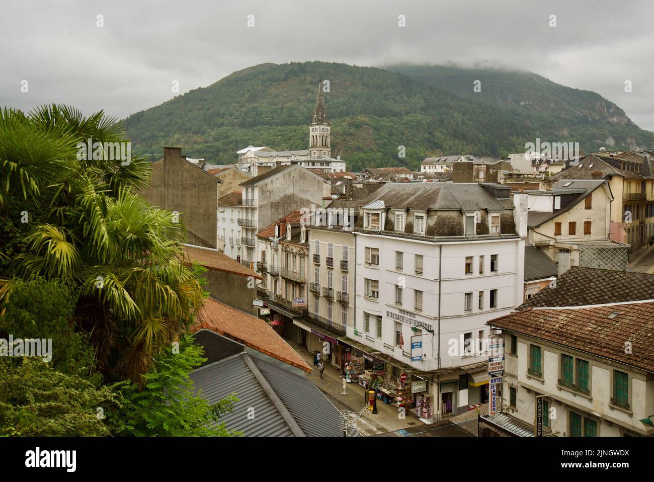A high-up view overlooking the French town of Lourdes, Southern France ...