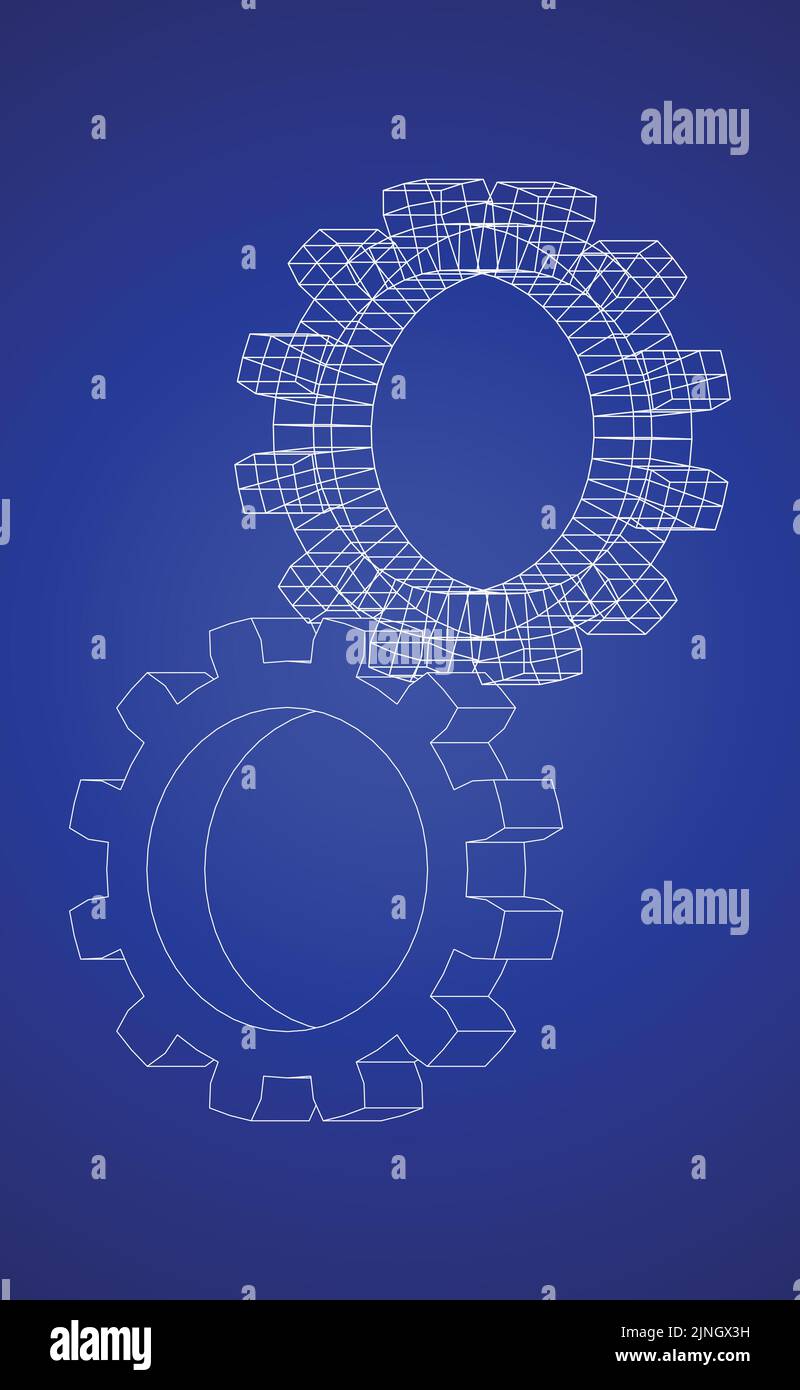 Vector illustration of gears line art on blue background representing a ...
