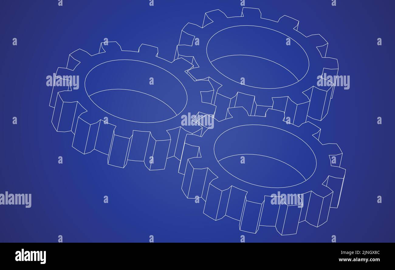 Vector illustration of gears line art on blue background representing a ...