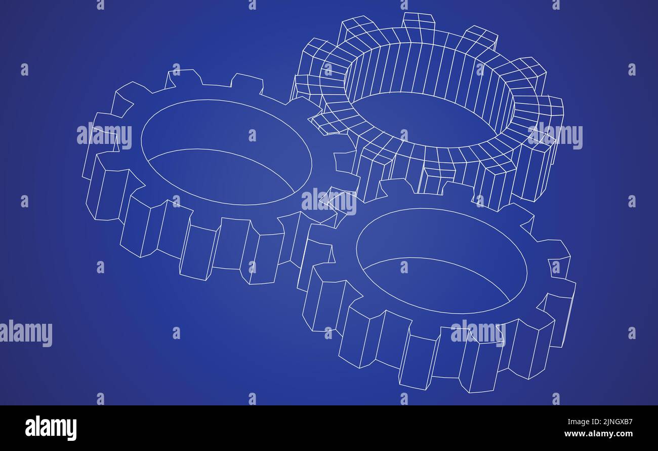 Vector illustration of gears line art on blue background representing a ...
