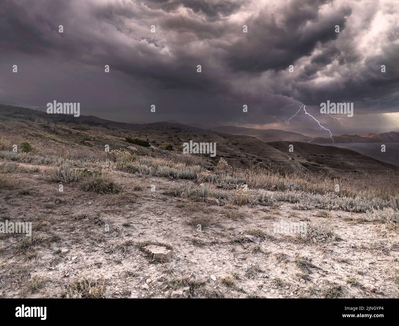 Lightning in a stormy sky. Psychedelic landscape. Thunderstorm with ...