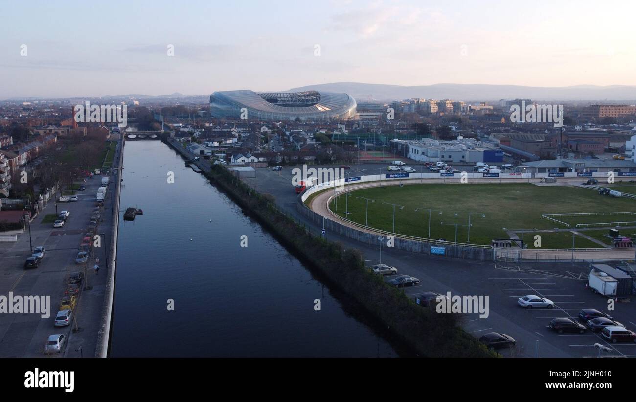 A breathtaking aerial view of the Dublin cityscape with Aviva Stadium ...