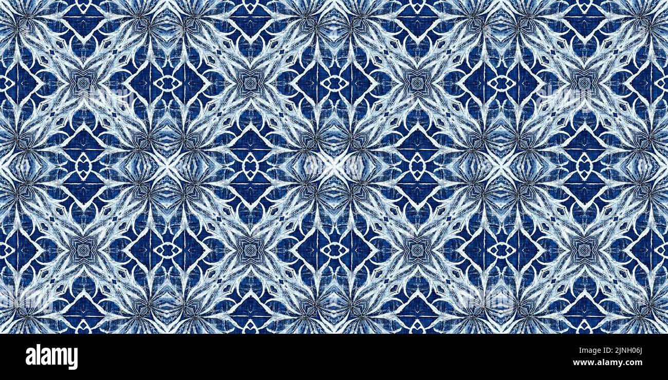 Indigo blue snow flake border batik. Frosty batik painterly effect ...