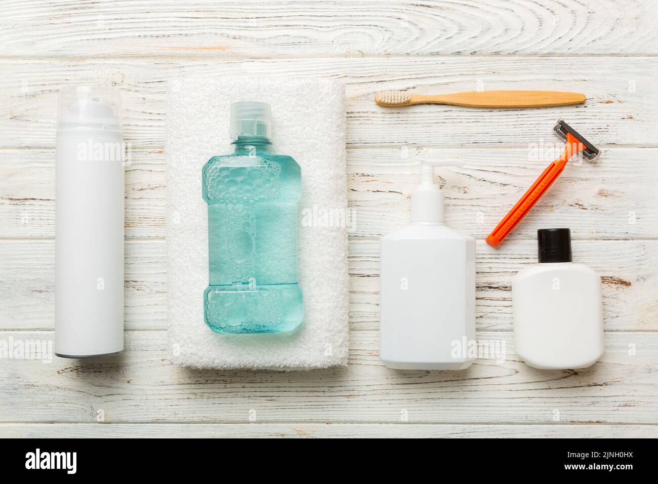 Mockup for bathing products top view flat lay, spa razor, toothpaste ...