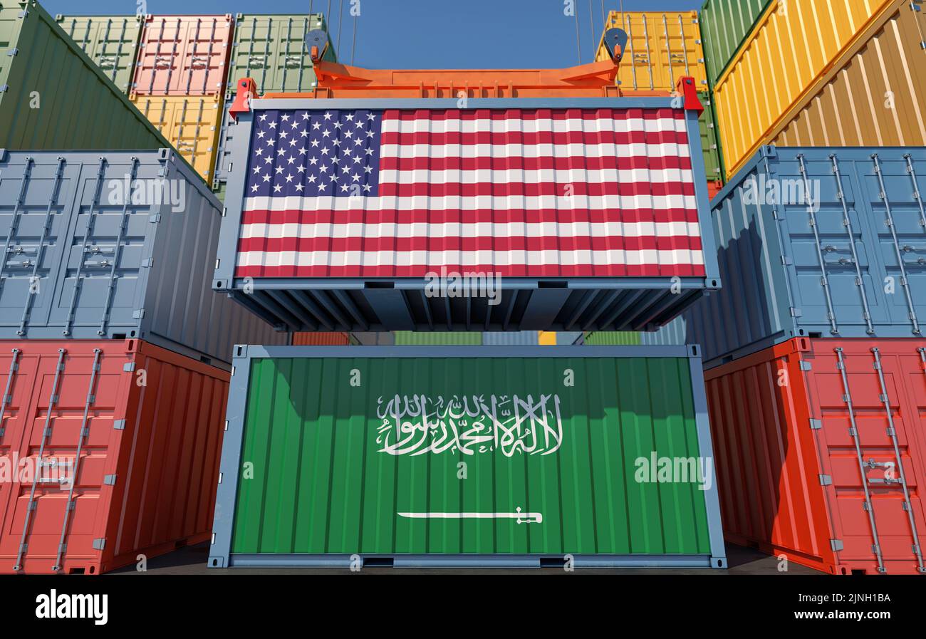 Cargo containers with Saudi Arabia and USA national flags. 3D Rendering ...