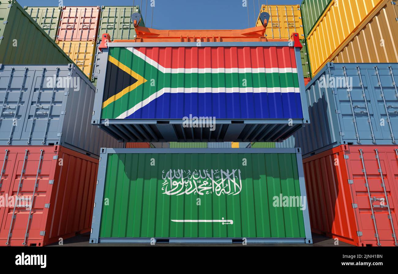 Cargo containers with Saudi Arabia and South Africa national flags. 3D ...