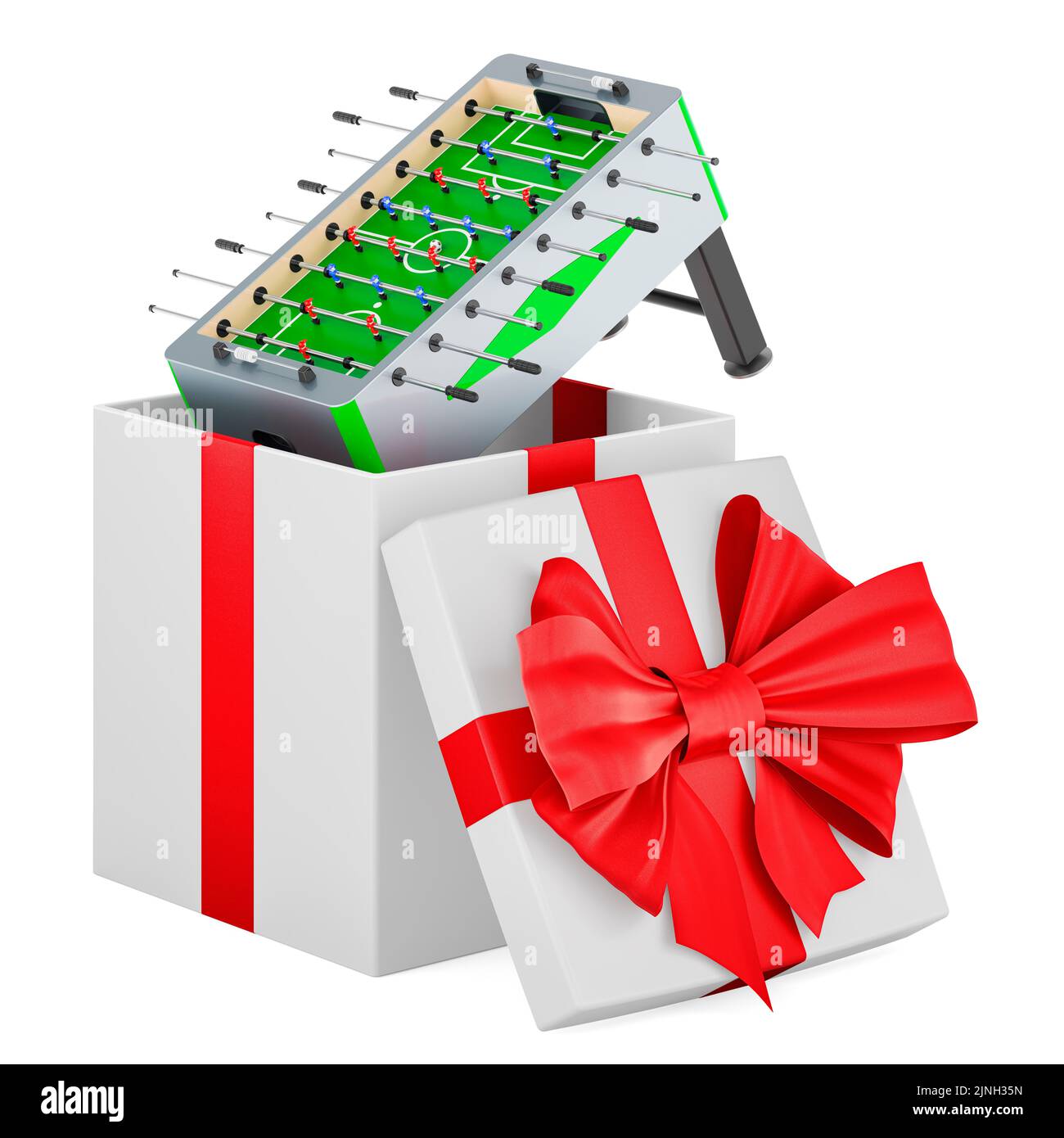 Table football inside gift box, present concept. 3D rendering isolated ...