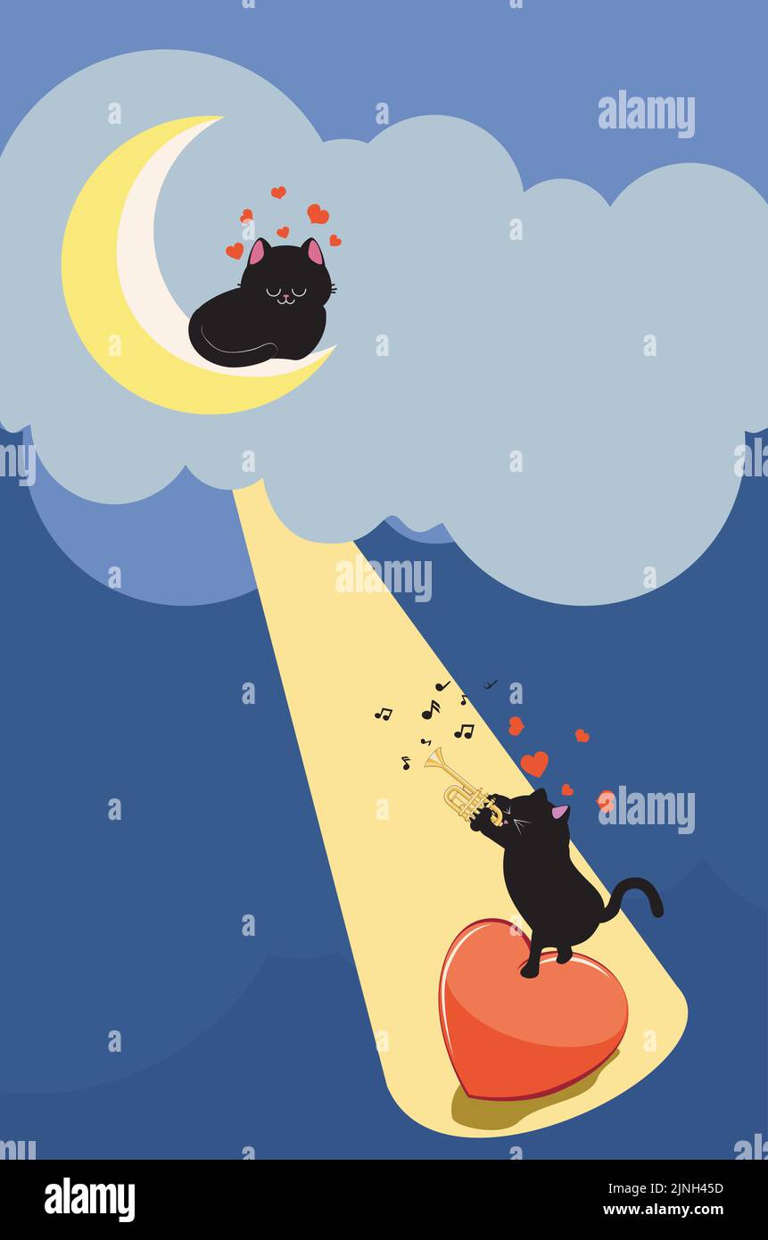 Cartoon black cat play trumpet for kitty on the crescent moon ...