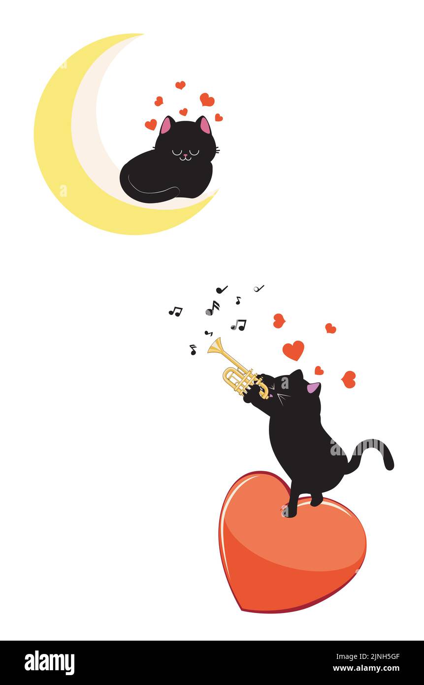 Cartoon black cat play trumpet for kitty on the crescent moon ...
