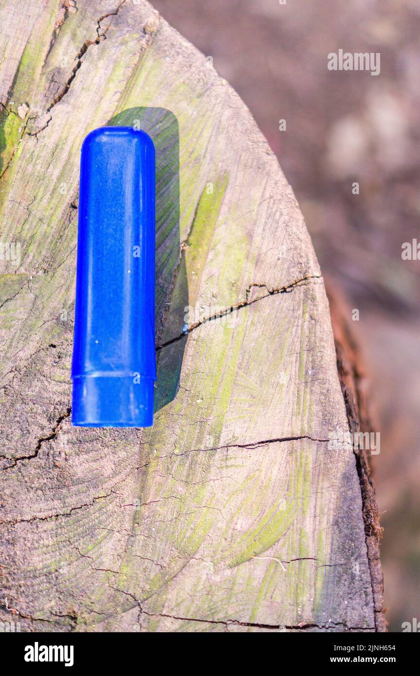 A piece of blue plastic packaging on a cut tree - vertical, garbage ...