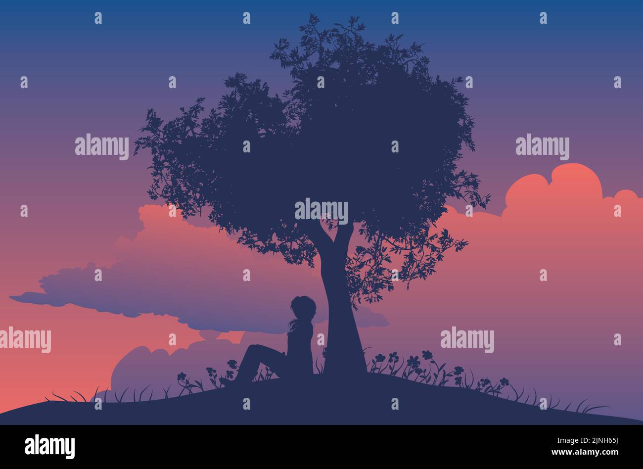 Abstract silhouette of a girl sit under the tree at the sunset time ...