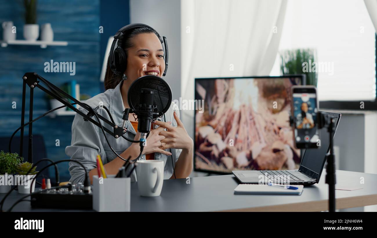 Joyful famous internet show host ending broadcast while sending air ...