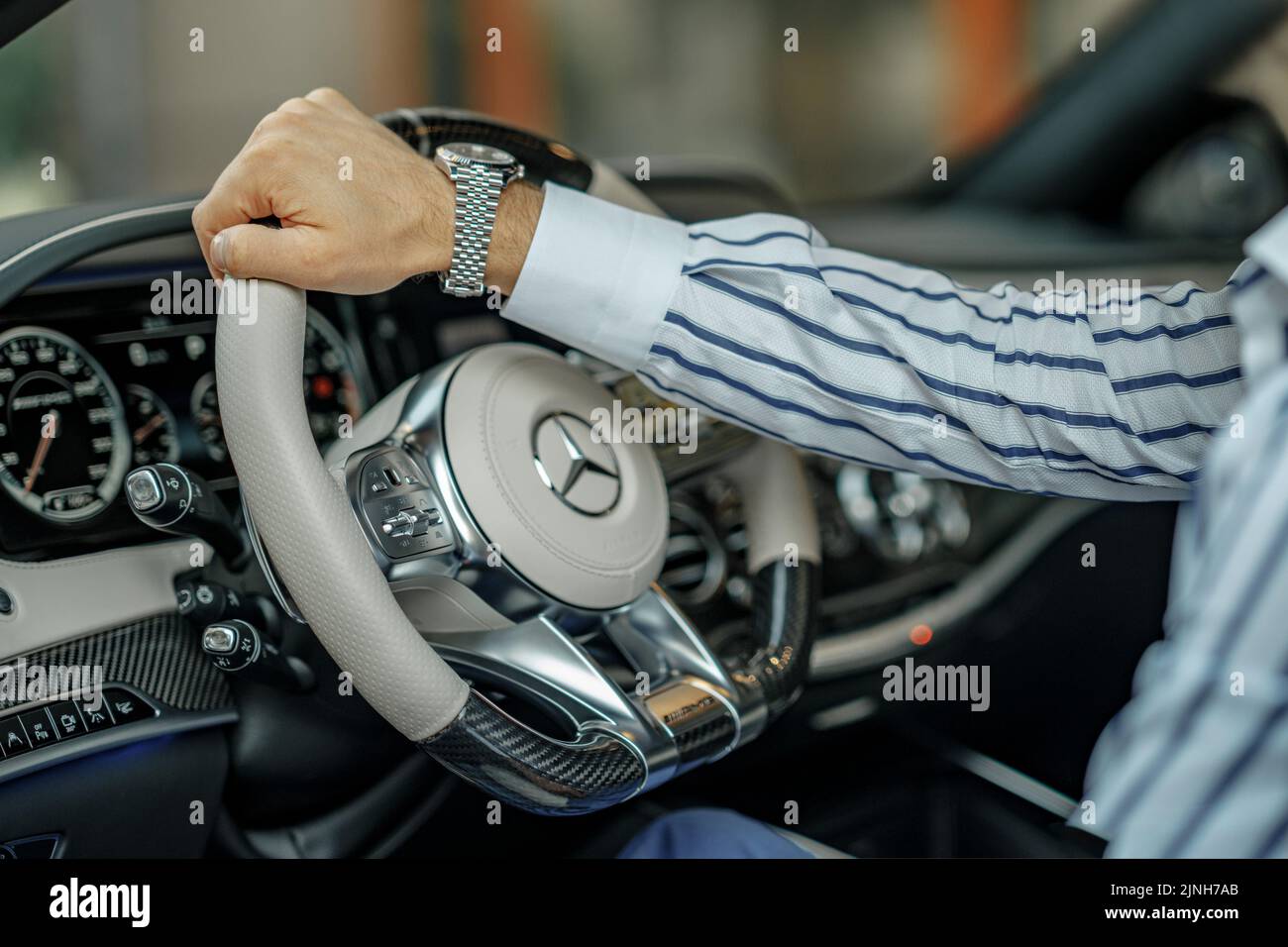Kyiv, Ukraine - July 23, 2021: Steering wheel of a luxurious Mercedes ...