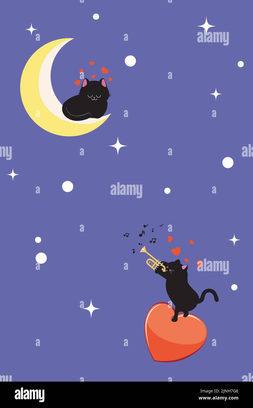 Cartoon black cat play trumpet for kitty on the crescent moon ...