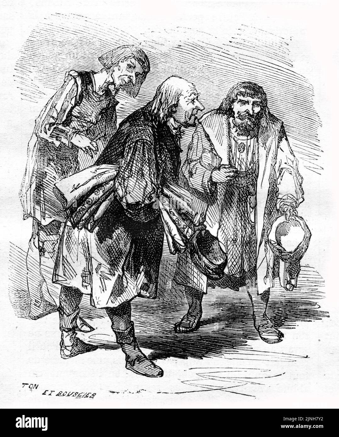 Engraved portrait of a draper with his goods and two customers in ...