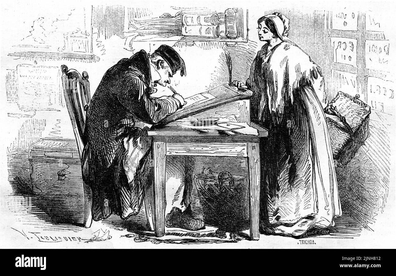 Engraving of a professional letter writer with a client, circa 1850 ...