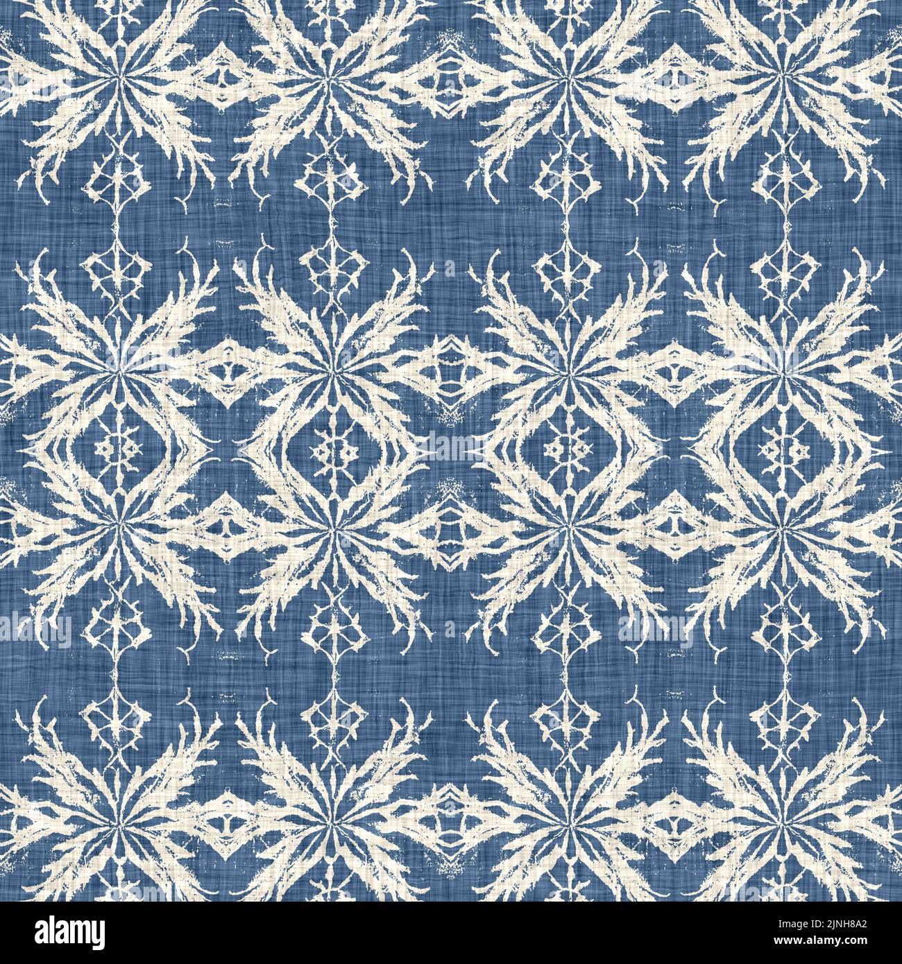 Farmhouse blue snow flake pattern background. Frosty batik french ...