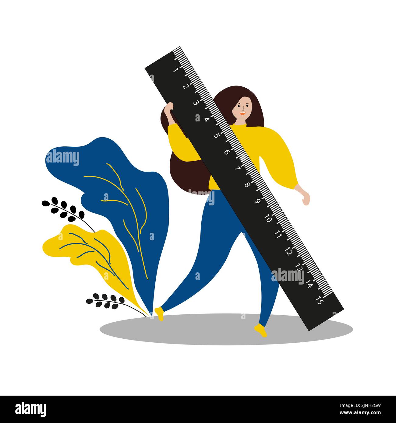 Girl with a black measuring ruler in her hands. Technology for work ...