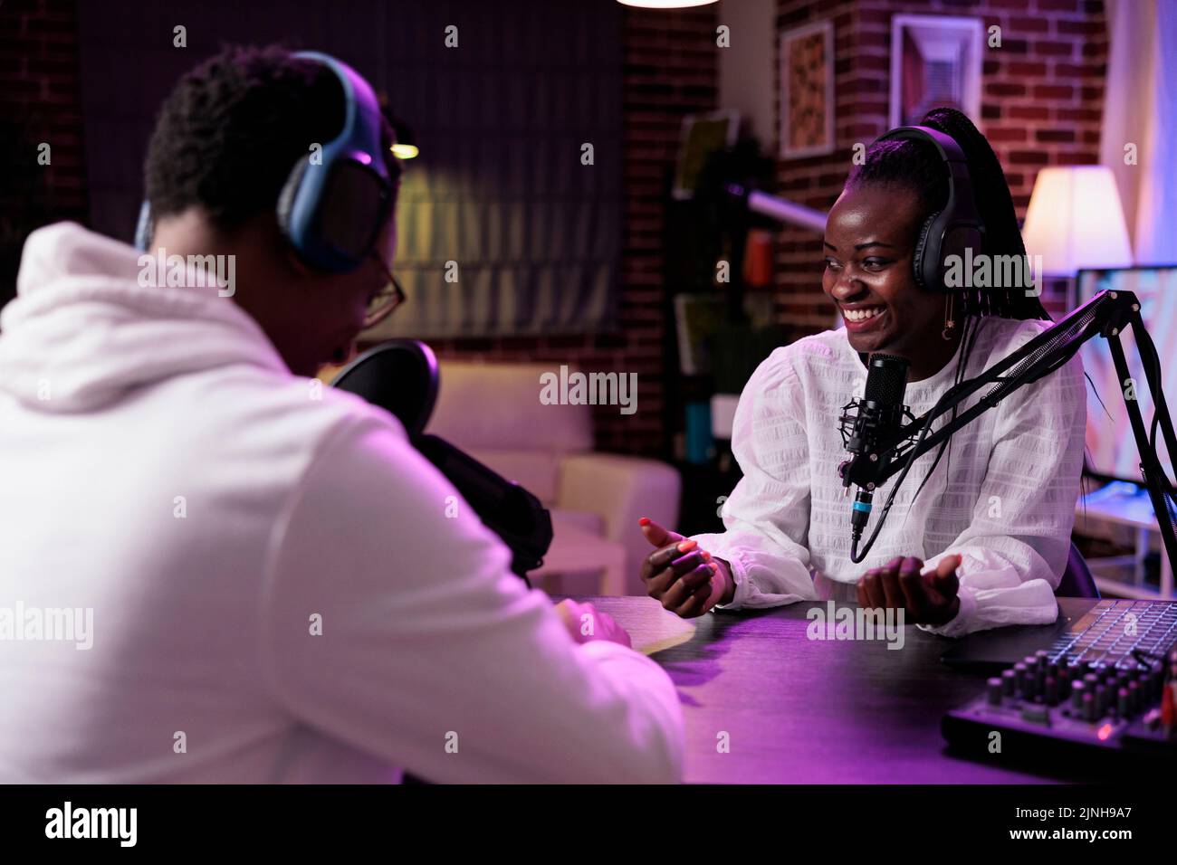 Happy content creators talking on lifestyle podcast to create social ...