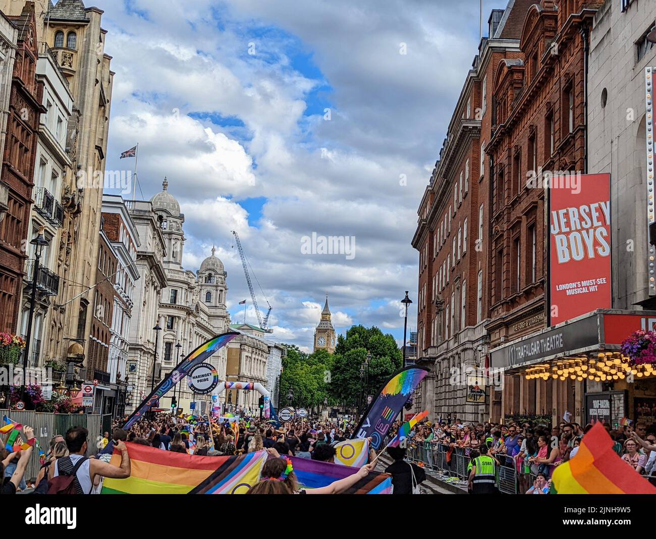 A faraway view of Big Ben Tower from the London Pride Parade 2022 while ...