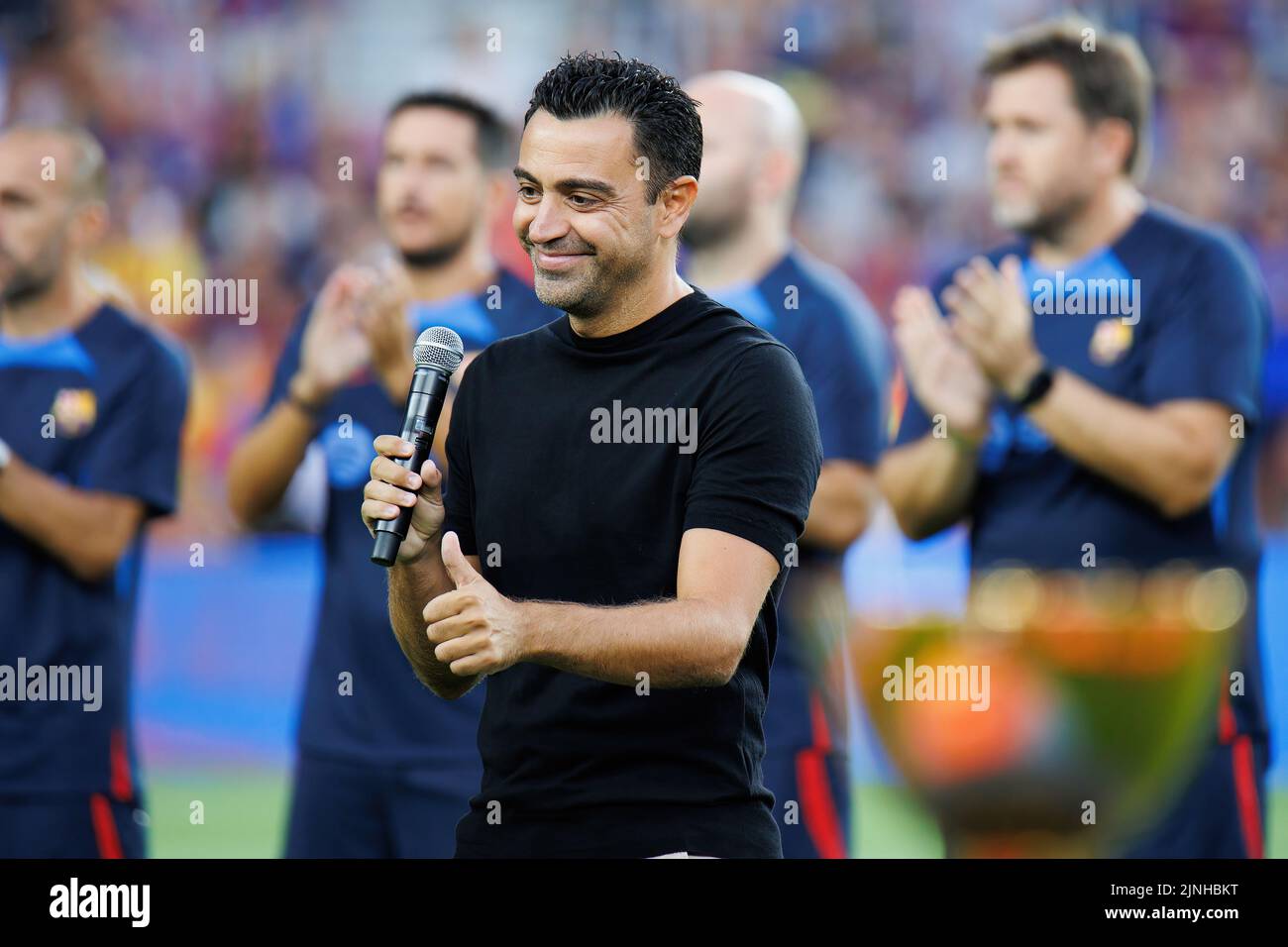 BARCELONA - AUG 7: The manager Xavi talks prior to the Joan Gamper ...