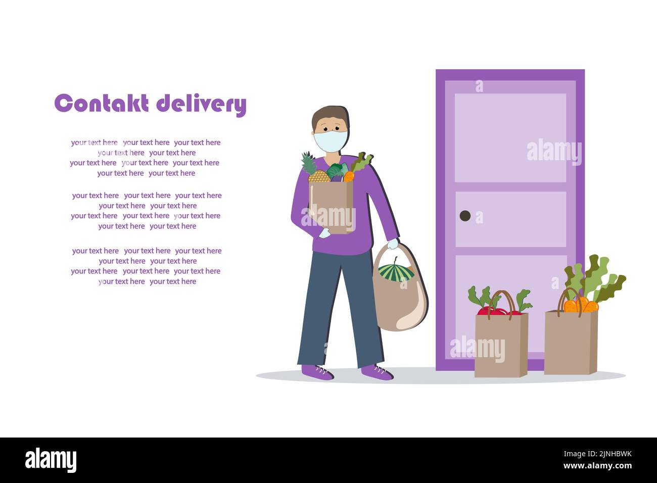 A man in a medical mask and gloves carries food bags to the door ...