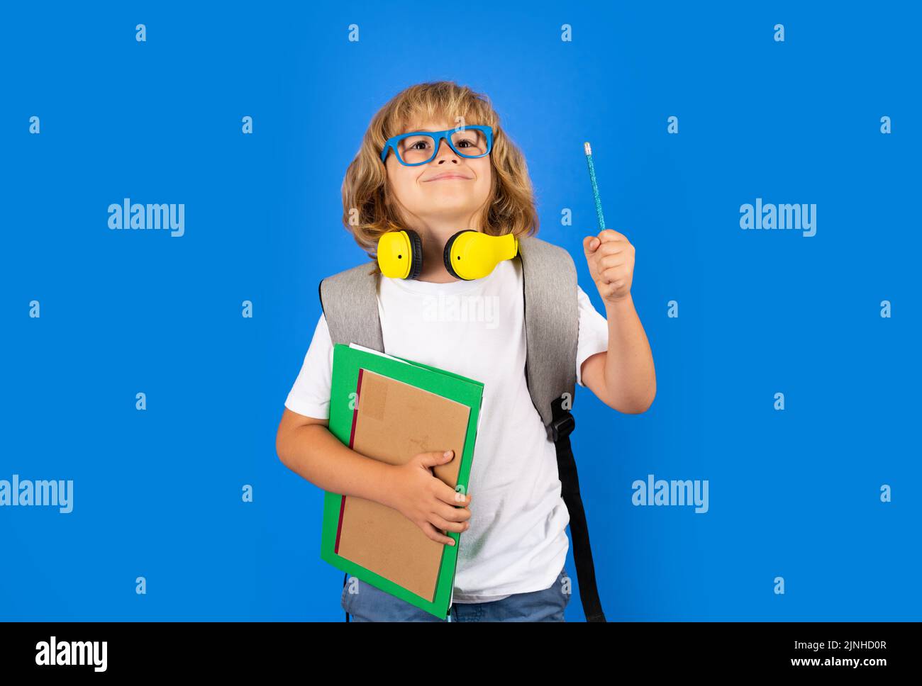 Learning knowledge and kids education concept. School teen boy in with ...