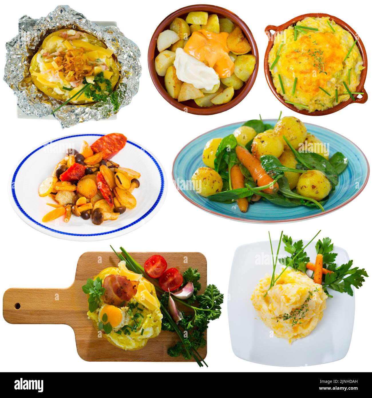 Potato dishes collage on a white background Stock Photo - Alamy
