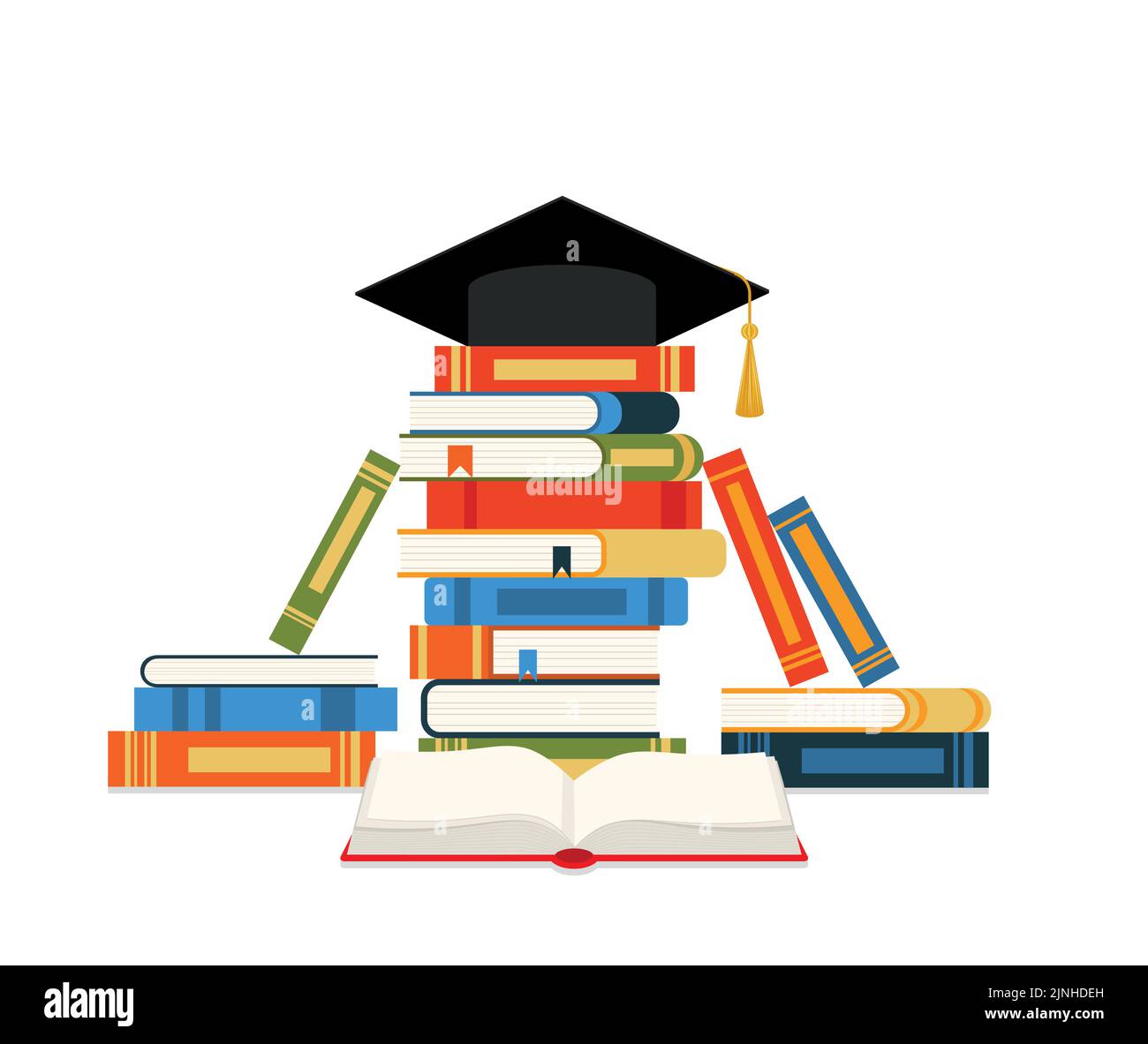 Graduation cap and books. The concept education. Stack of books, cap ...
