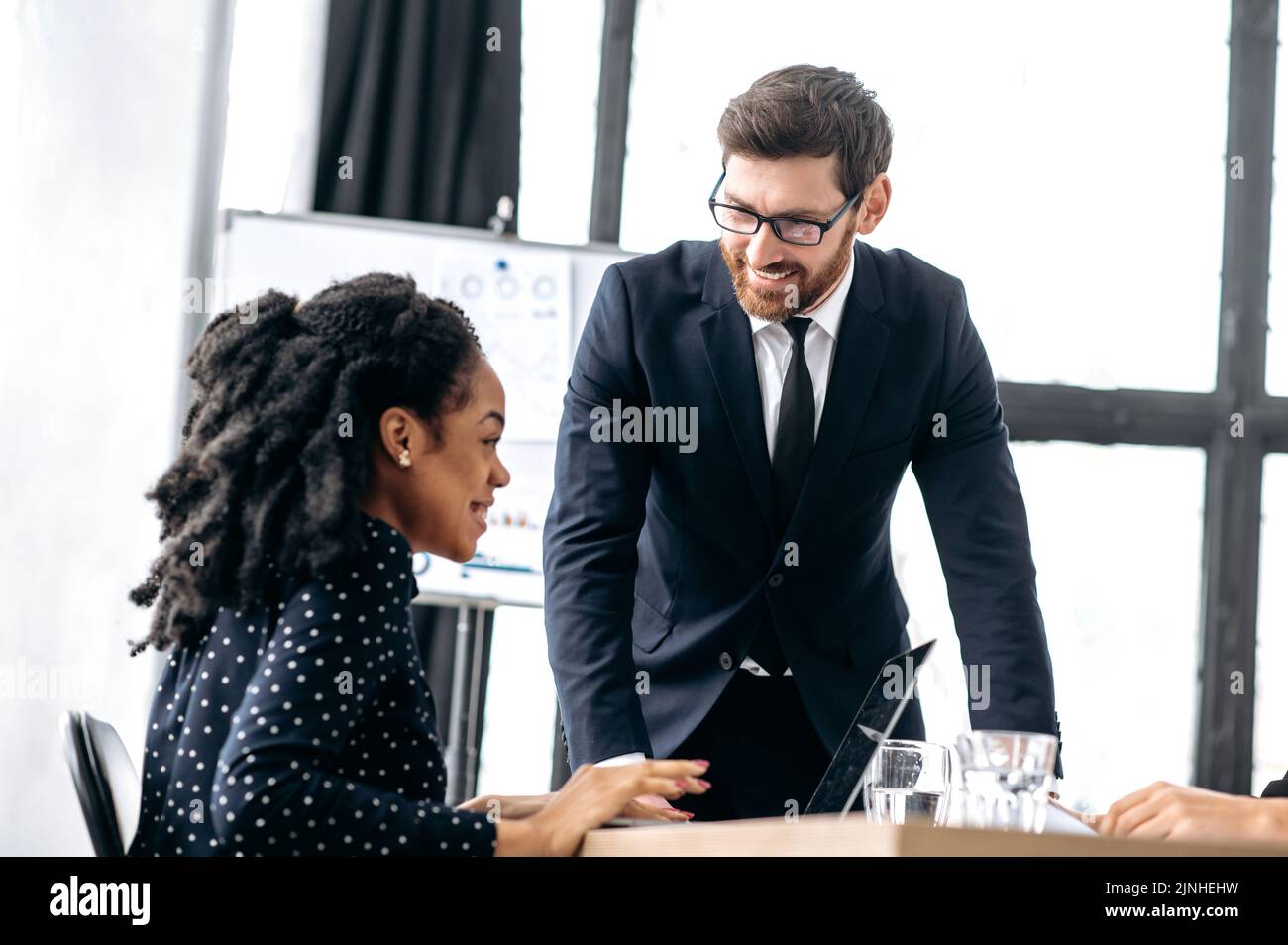 Negotiations of two intelligent coworkers. Successful business ...