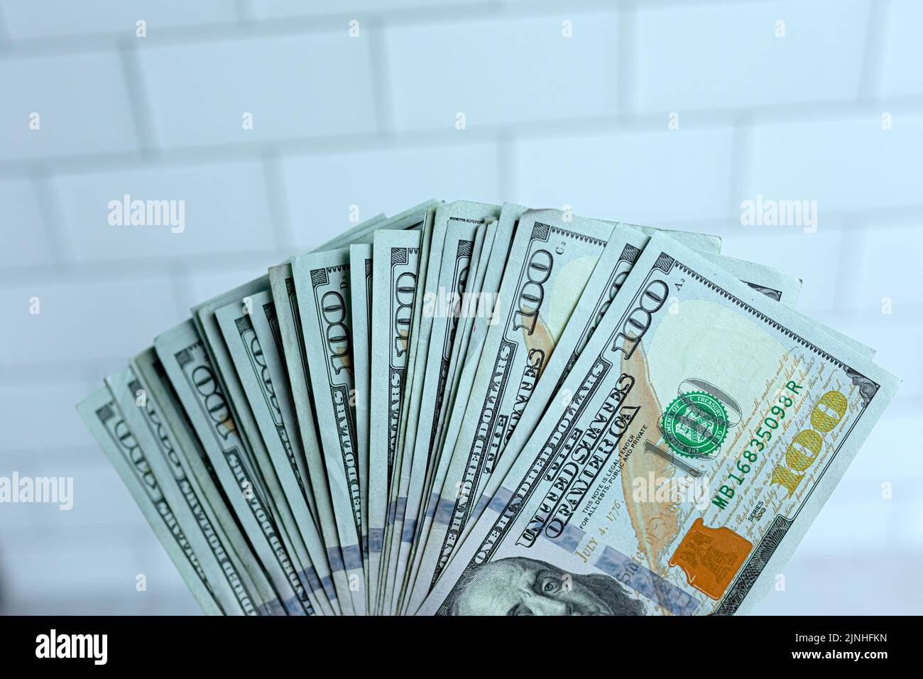 A fanned out stack of United States American hundred dollar bills Stock ...