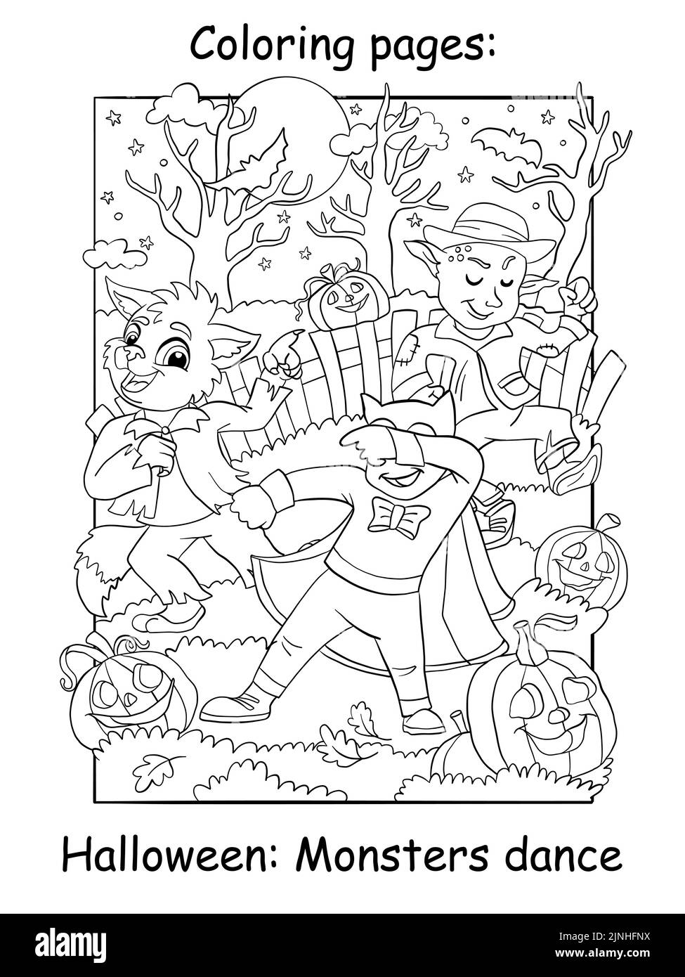 Cute vampire, monster and werewolf dancing at night in the forest ...